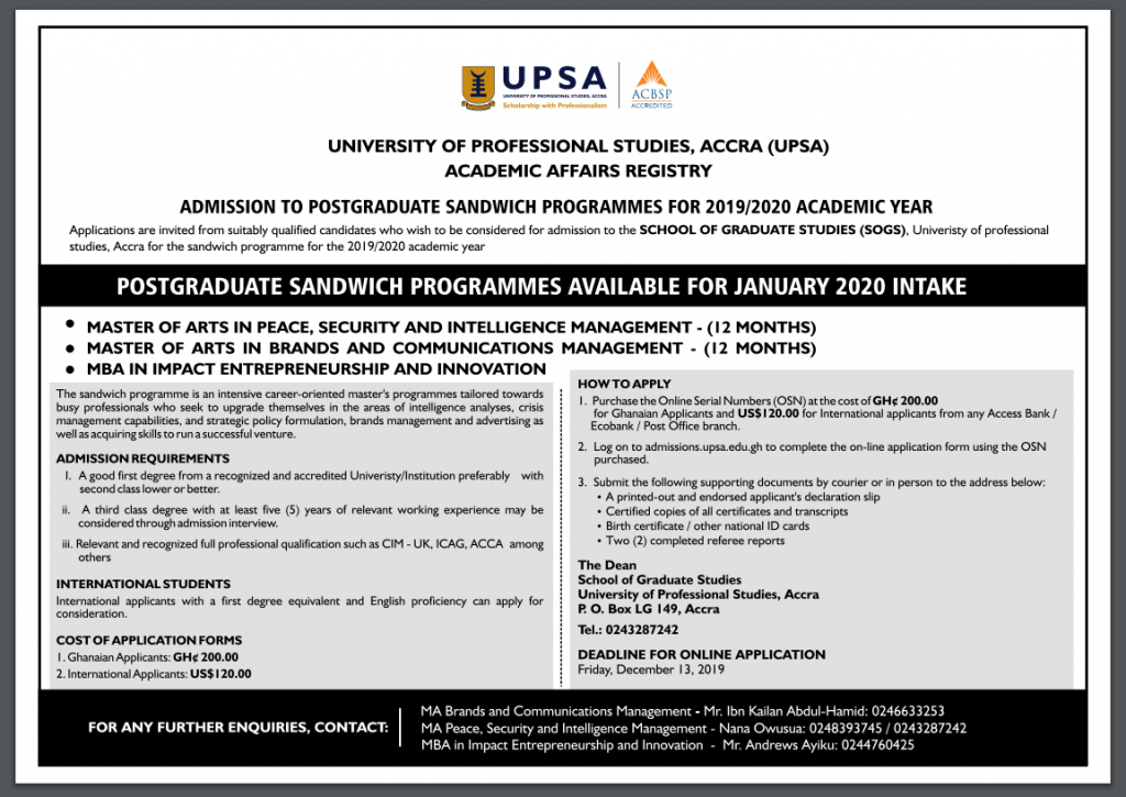 Upsa Admissions To Postgraduate Sandwich Programmes January 2020 Open